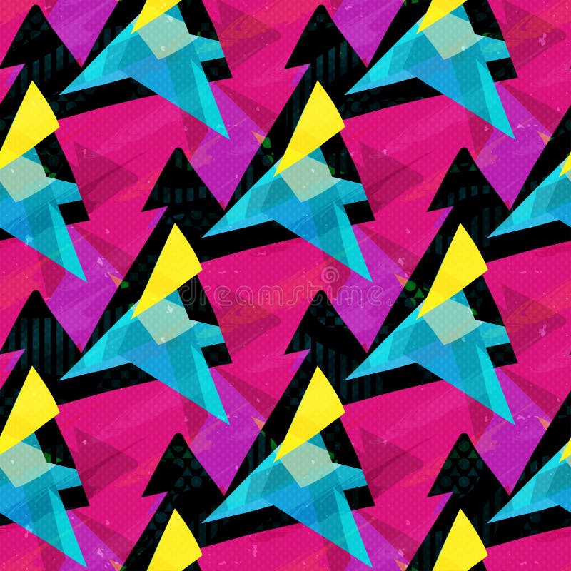 Pink Blue and Yellow Triangles on a Black Background Seamless Pattern ...
