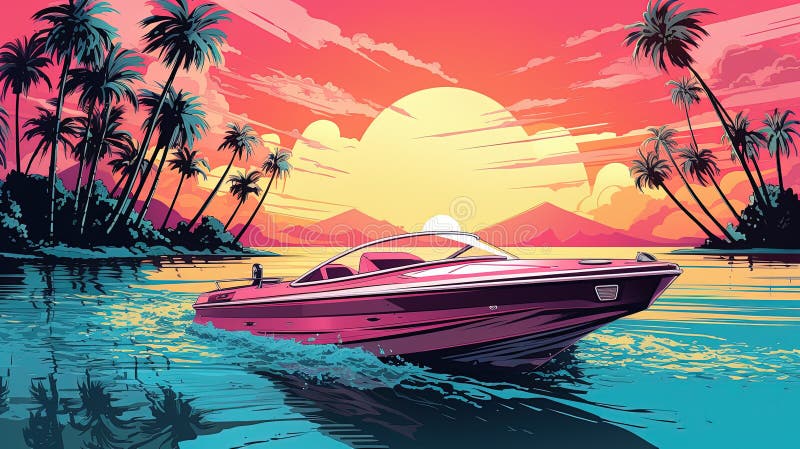 Pink Boat in Miami Beach stock illustration. Illustration of digital ...
