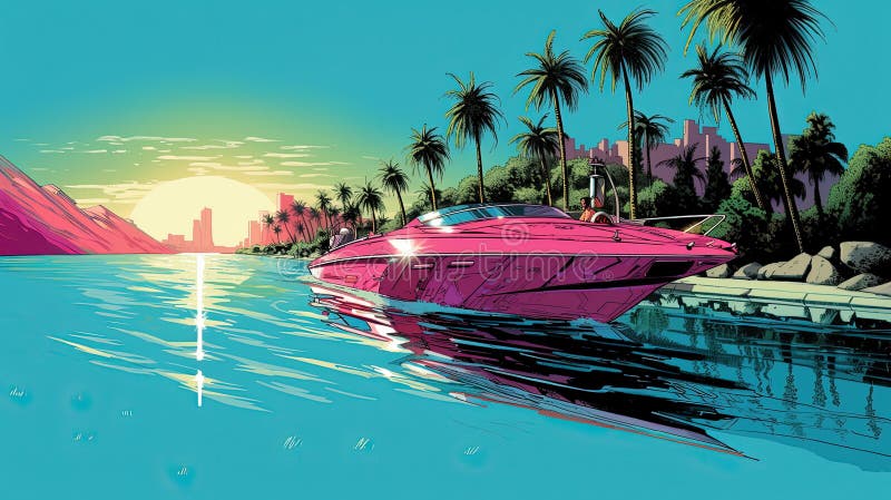 Pink Boat in Miami Beach stock illustration. Illustration of wealthy ...