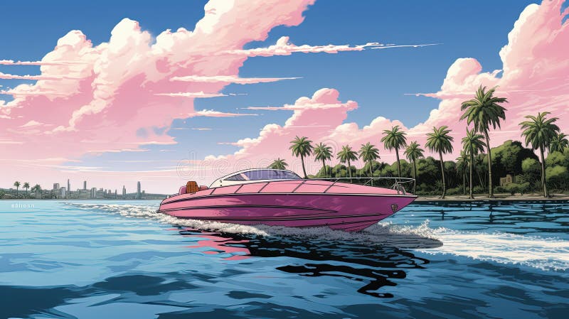 Pink Boat in Miami Beach stock illustration. Illustration of style ...