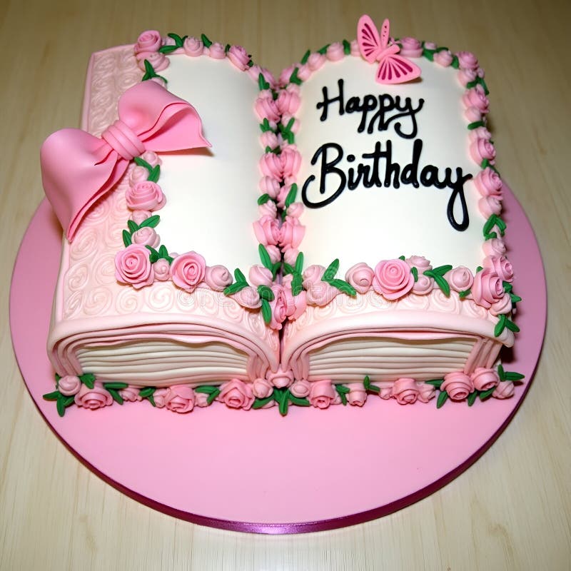 Pink Book-Shaped Birthday Cake with Floral Patterns Stock Illustration ...