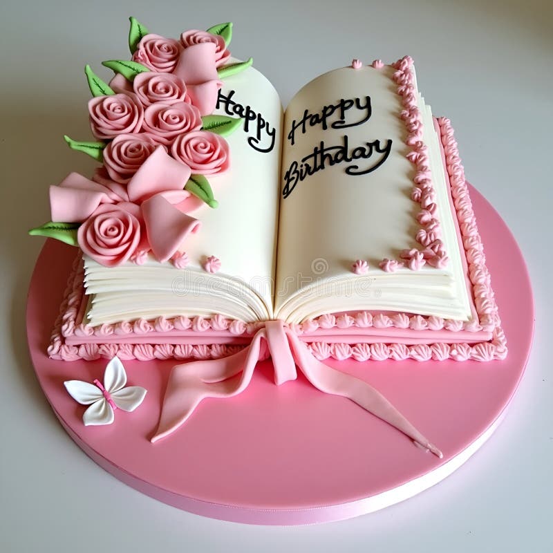 Pink Book-Shaped Birthday Cake with Floral Patterns Stock Illustration ...