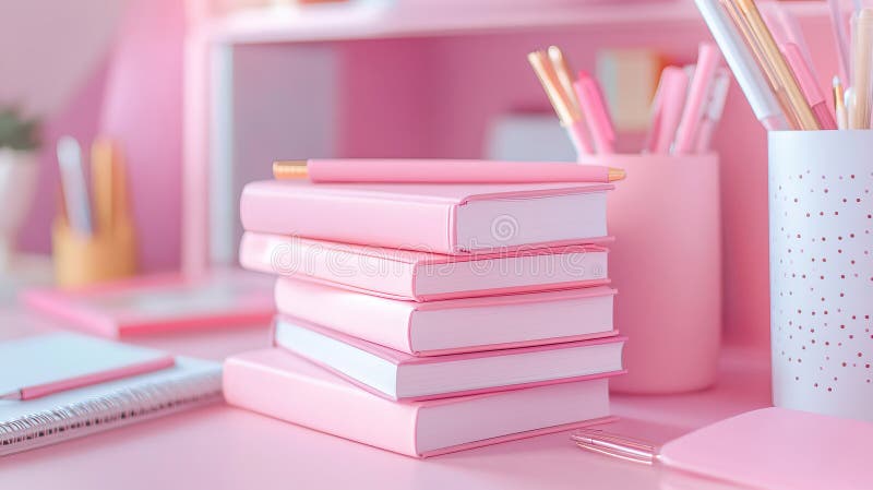 Pink Books Stacked on a Pink Desk with Pink Stationery Around Stock ...