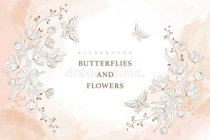Pink Botanical Background with Composition of Flowers and Butterflies ...
