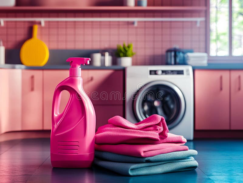A Pink Bottle of Detergent Next To a Stack of Folded Towels in a ...