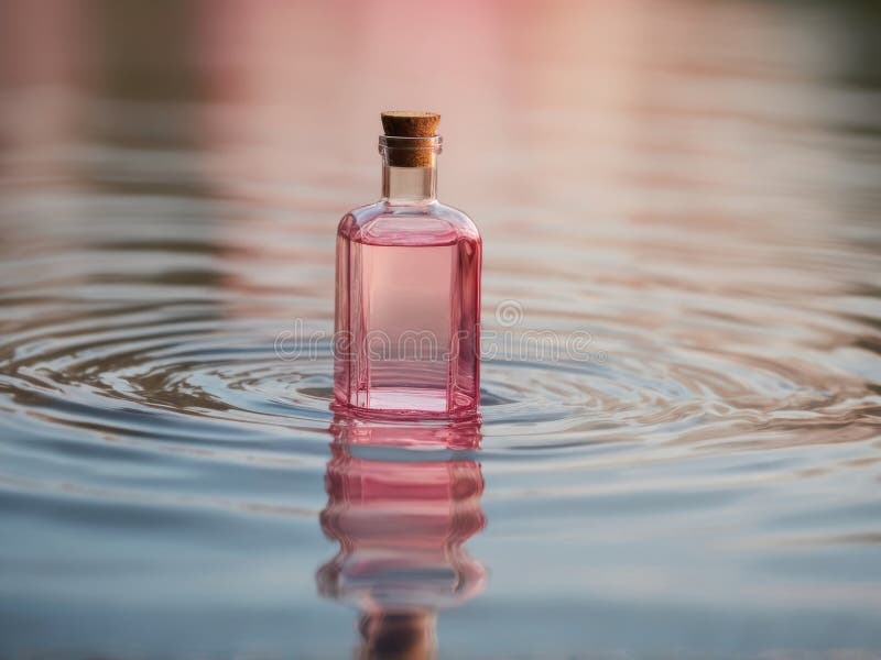 Pink Bottle Floating in Clear Water with Ripples and Pastel Reflections ...