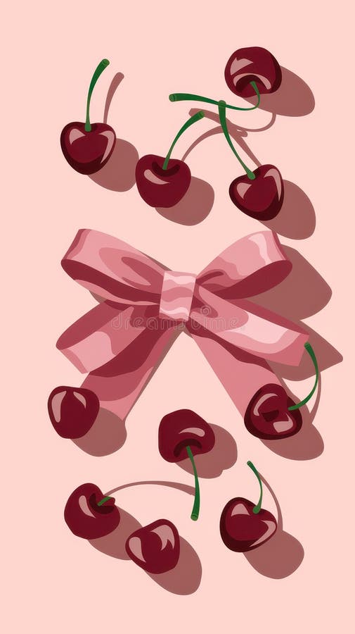 Pink Bow is in the Middle of a Bunch of Cherries Stock Illustration ...