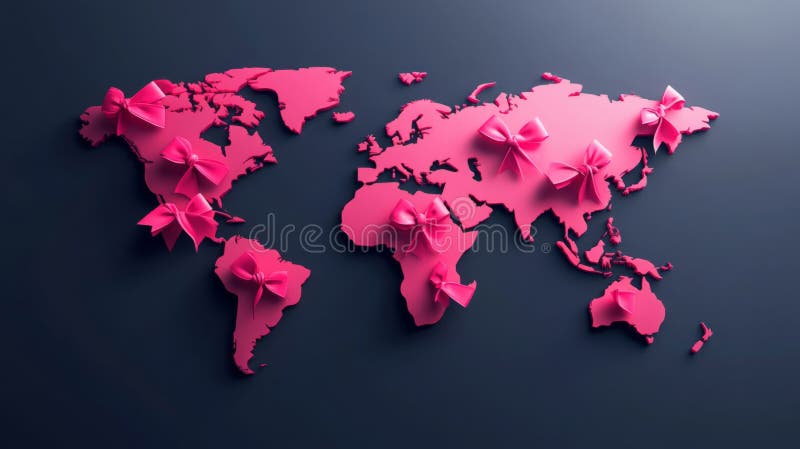 Pink Bows Adorn a Three Dimensional World Map Stock Illustration ...