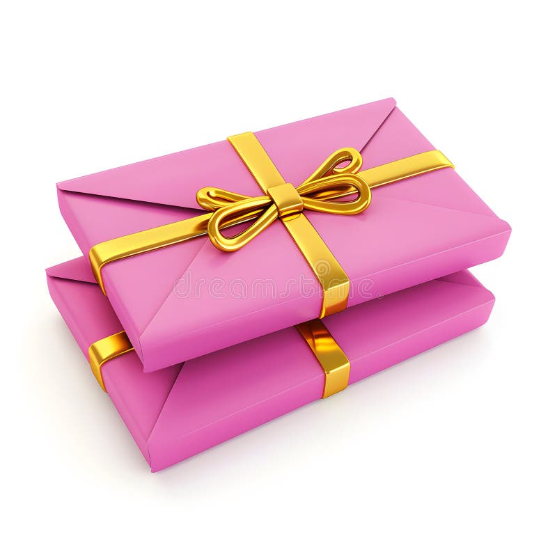 Pink Box with Gold Bow on Top, Three Dimensional Icon on White ...