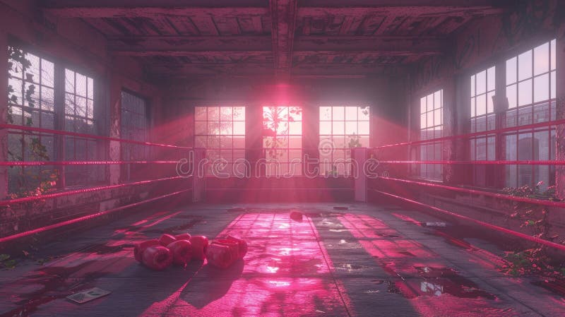 A Pink Boxing Ring Illuminated by the Warm Light of the Sun Streaming ...