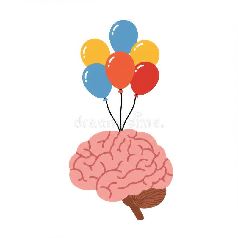 Pink Brain with Colorful Balloons Ascending on White Background Stock ...