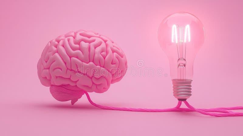 Pink Brain Connected To Lightbulb Cable Stock Image - Image of ...