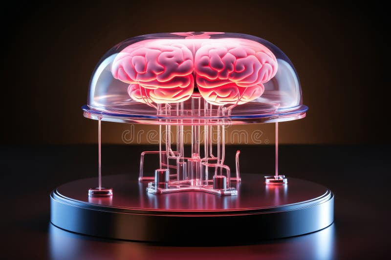 A Pink Brain Connected To Printed Circuit Board, Bioelectronic Computer ...