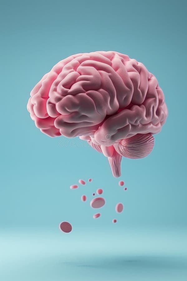 A Pink Brain Floats Against a Blue Background, with Pink Droplets ...