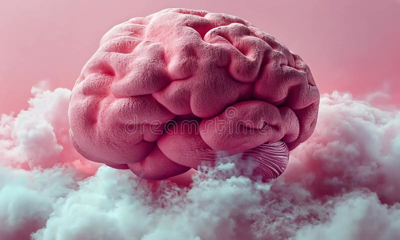 Pink Brain Floats Amidst Fluffy Clouds, a Serene and Dreamy ...