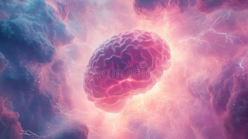 A Pink Brain Illuminated within Cosmic Clouds Stock Illustration ...
