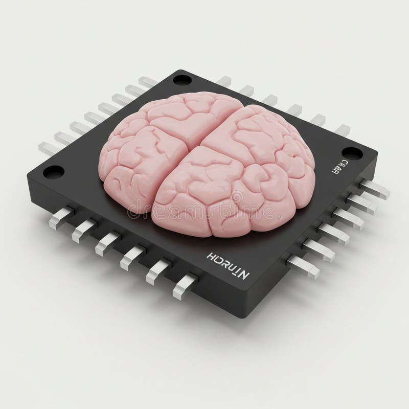 Pink Brain Model Placed Atop a Black Microchip, Featuring Multiple ...