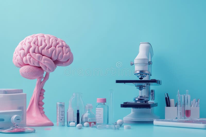 A Colorful Laboratory Setup Featuring a Pink Brain Model and a ...
