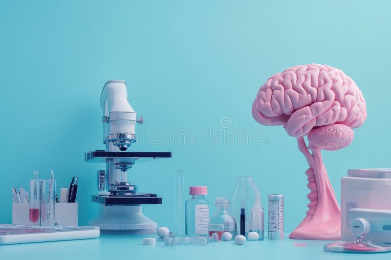 A Colorful Laboratory Setup Featuring a Pink Brain Model and a ...