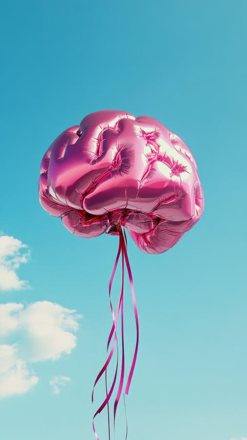 Pink Brain-shaped Balloon Floating in Blue Sky, Imaginative Art Concept ...