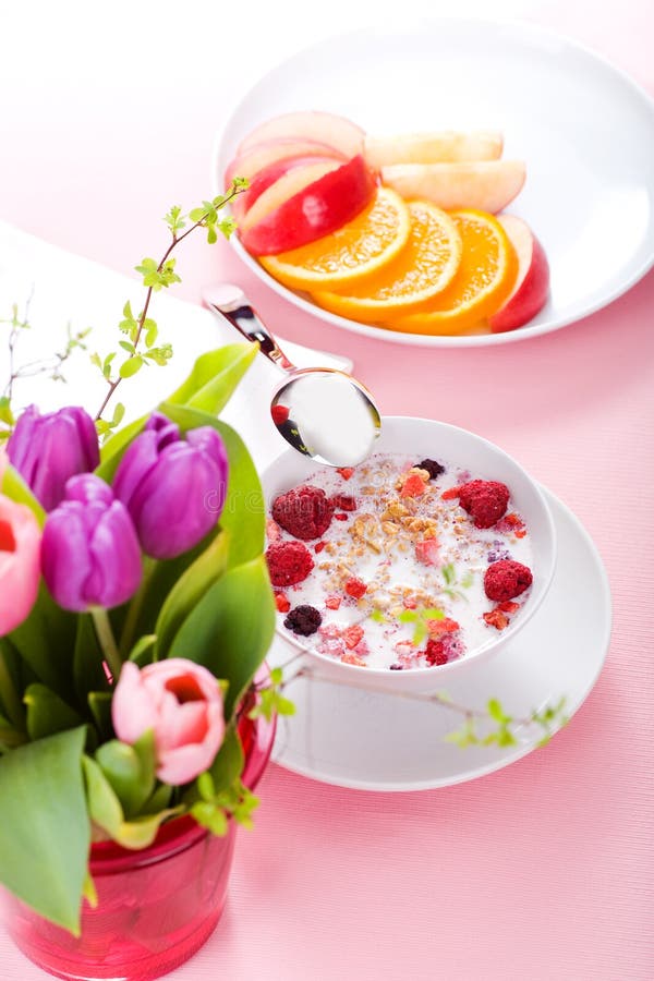 Pink breakfast stock image. Image of breakfast, flakes - 8960589