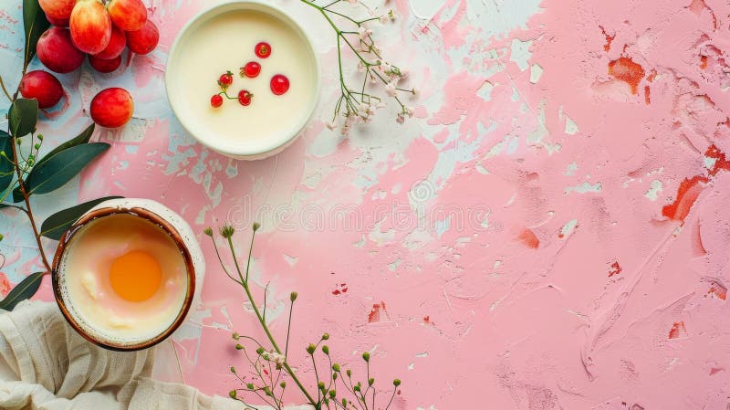 Pink Breakfast Setup with Fruit and Yogurt Stock Photo - Image of ...