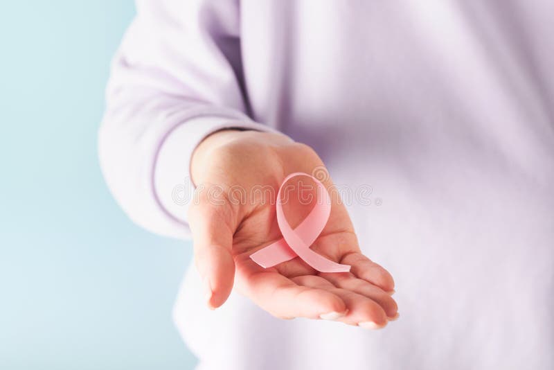 Pink Breast Cancer Awareness Ribbon Female Hands Holding Pink Ribbon