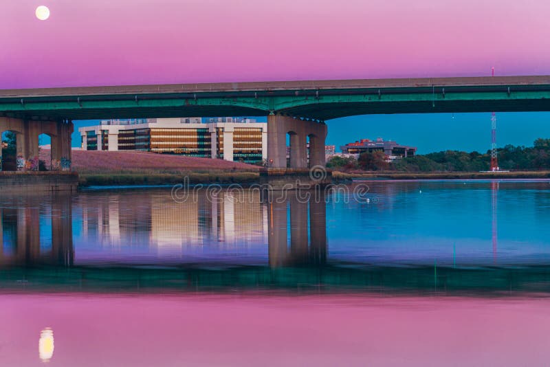 Red Bridge Pink Sky stock photo. Image of lorong, halus - 30917086