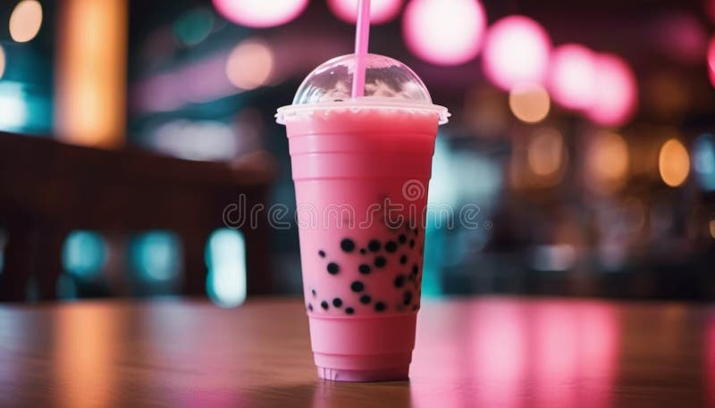 Pink Bubble Tea with Night Lights in the Background Stock Illustration ...