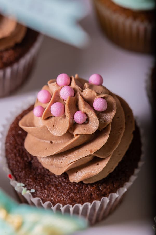 Pink Bubbles on a Creamy Chocolate Muffin Stock Photo - Image of diet ...