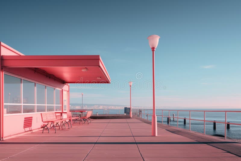 A Pink Building Near the Ocean with a Table and Chairs Stock ...
