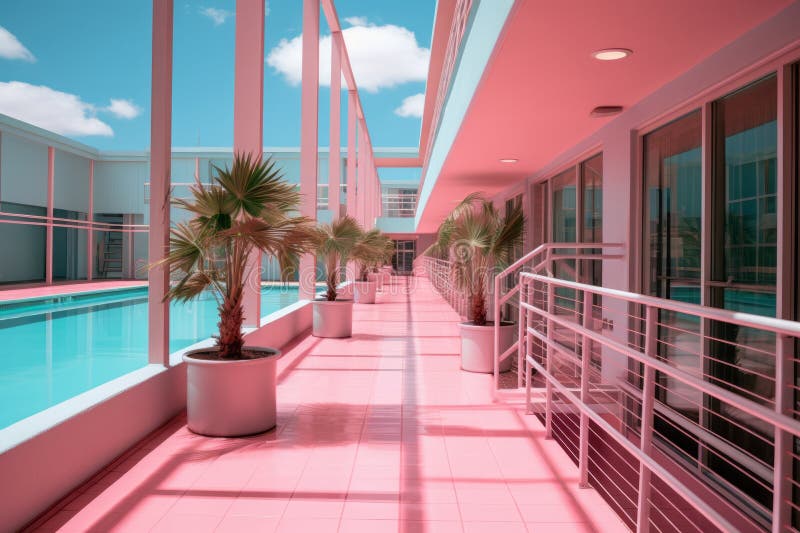 A Pink Building with Palm Trees and a Pool Stock Illustration ...