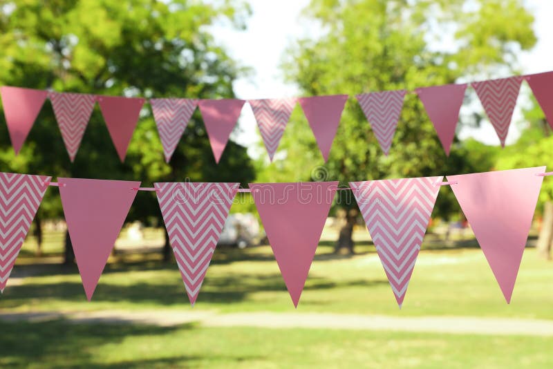 Pink Bunting Flags in Park. Party Decor Stock Image - Image of ...