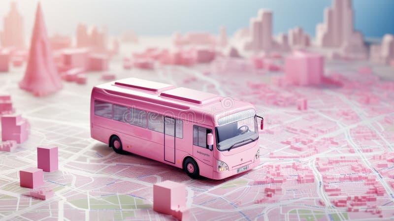 A Pink Bus on a Map of a City with a City in the Background.Generative ...