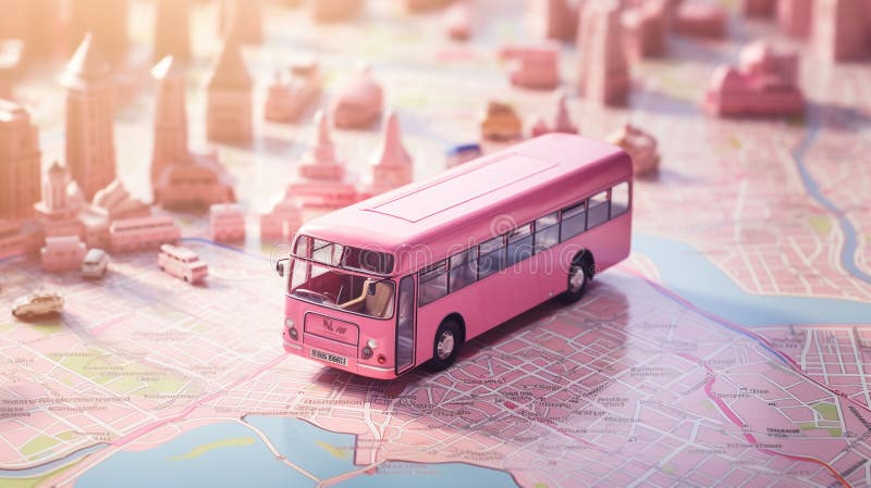 A Pink Bus on a Map of a City with a City in the Background.Generative ...