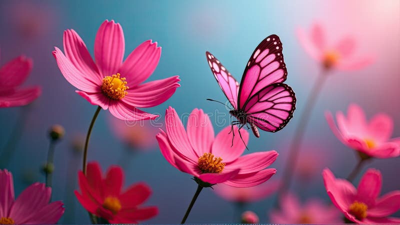 Pink Butterfly on Pink Flowers. Stock Illustration - Illustration of ...