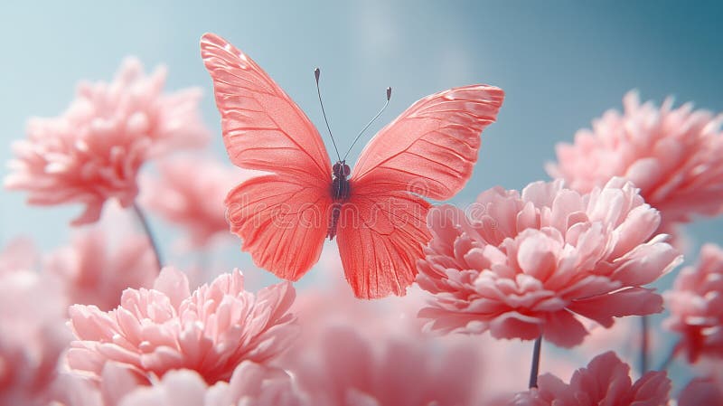 Pink Butterfly Hovering Over Pink Flowers in Sunlight Stock ...