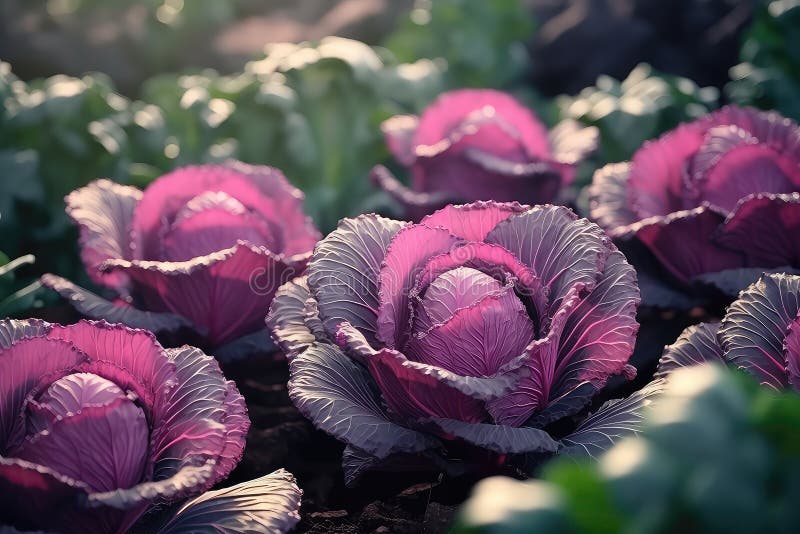 Pink Cabbages Growing in Vegetable Garden Stock Illustration ...
