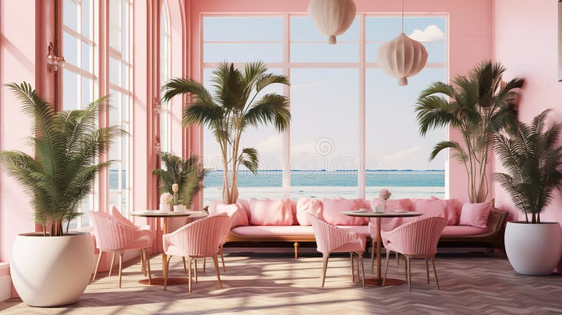 Pink Cafe Interior in Barbi Style Stock Illustration - Illustration of ...