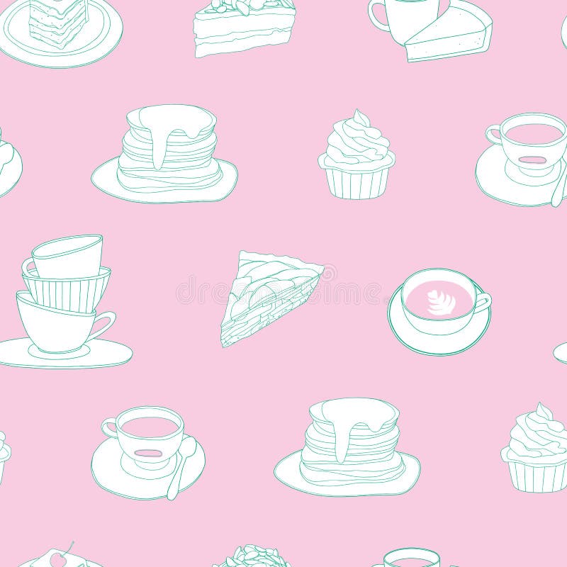 Cafe Seamless Pattern. Hand Drawn Coffee and Sweets Line Art Background ...
