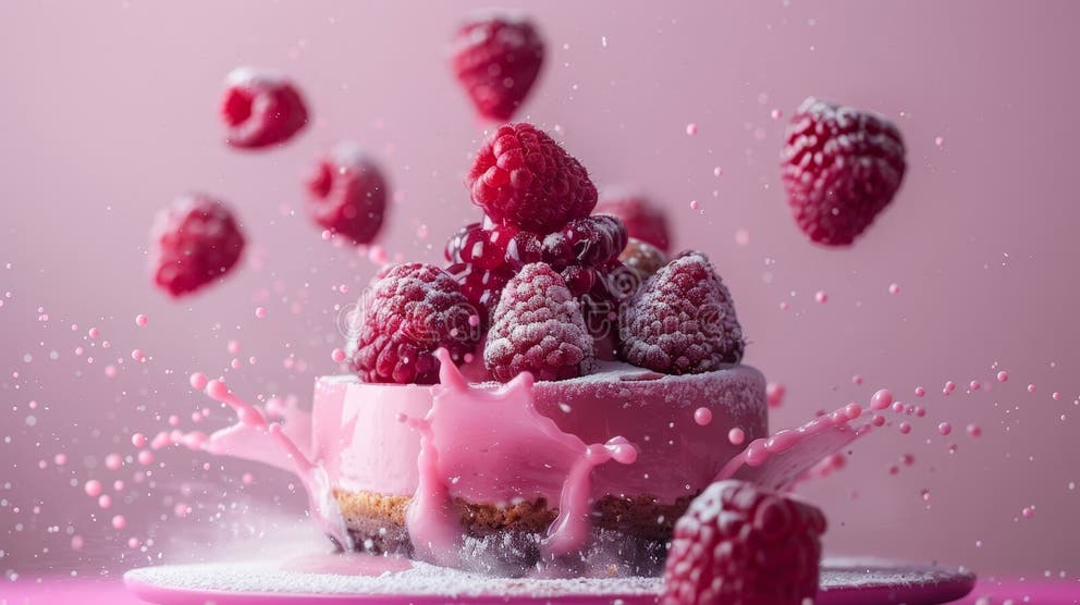 A Pink Cake with Raspberries on Top and Raspberries Falling Off the Cake. Stock Photo - Image of ...