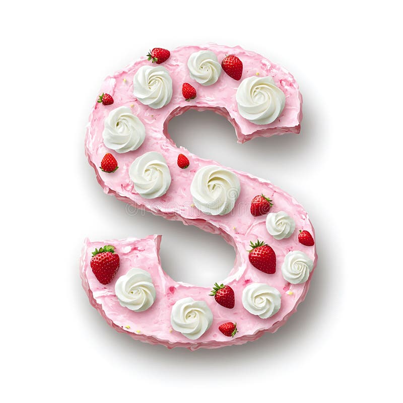 Pink Cake Shaped As Letter S Decorated with Strawberries and Cream ...
