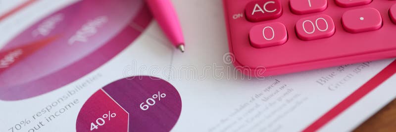 Pink Calculator and Pen Lying on Document with Graph Closeup Stock ...