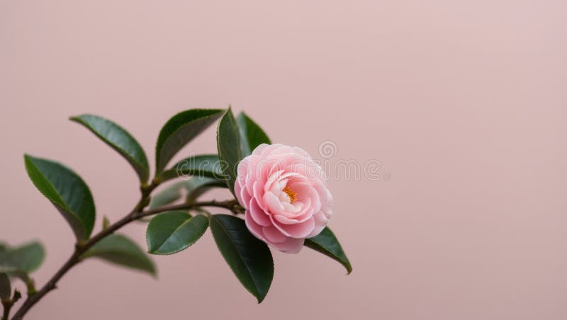 Pink Camellia Flower Branch on Pink Background. Stock Photo - Image of ...