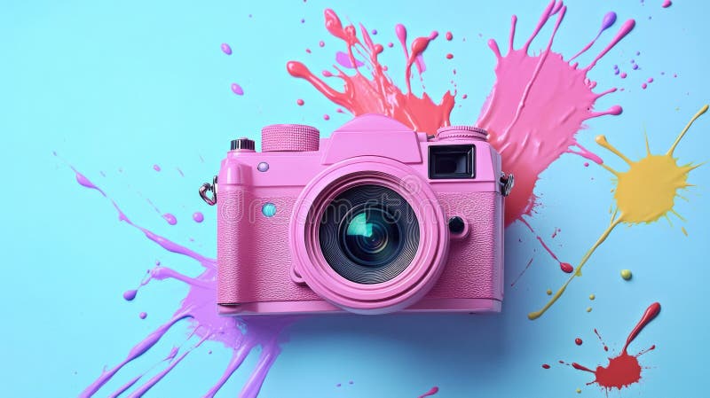 Pink Camera on Blue Surface Stock Photo - Image of small, portable ...