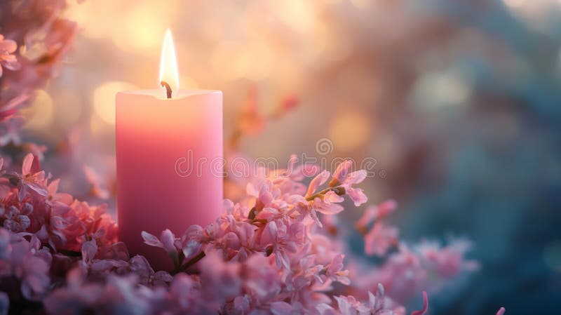 Pink Candle Flame Burning Amongst Delicate Pink Blossoms Stock ...