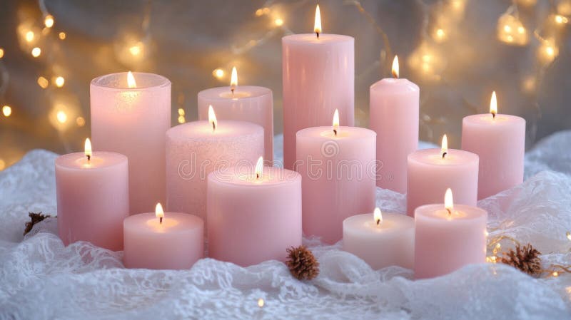 Pink Candles Glow Softly Amidst Festive Lights Stock Illustration ...
