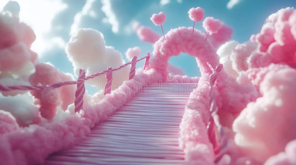 Pink Candy Bridge in a Fluffy Cloud Landscape Stock Illustration ...