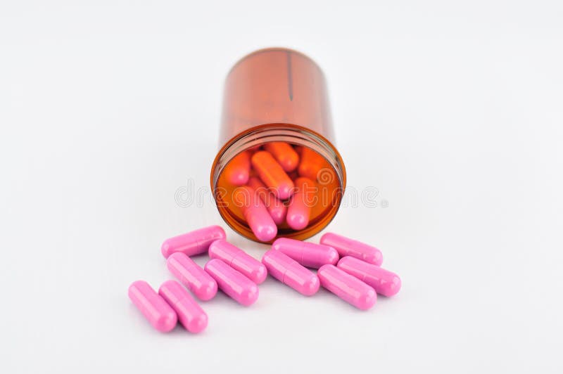 Pink Capsule in Prescription Bottle Stock Photo - Image of treat, vial ...