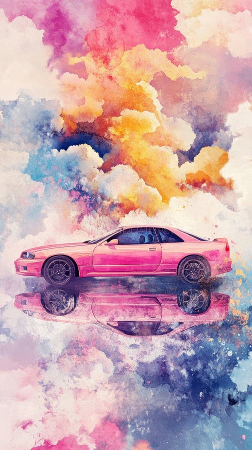 A Pink Car is Driving through a Colorful Sky Stock Illustration ...